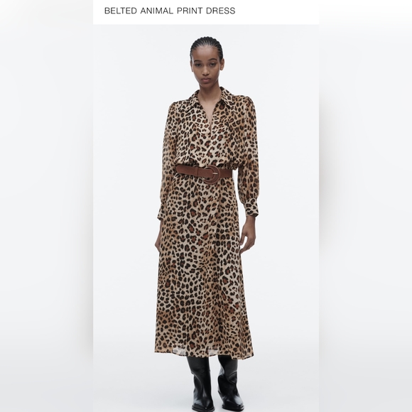 Zara | Dresses | Zara Animal Leopard Print Belted Midi Dress Sm Nwt ...